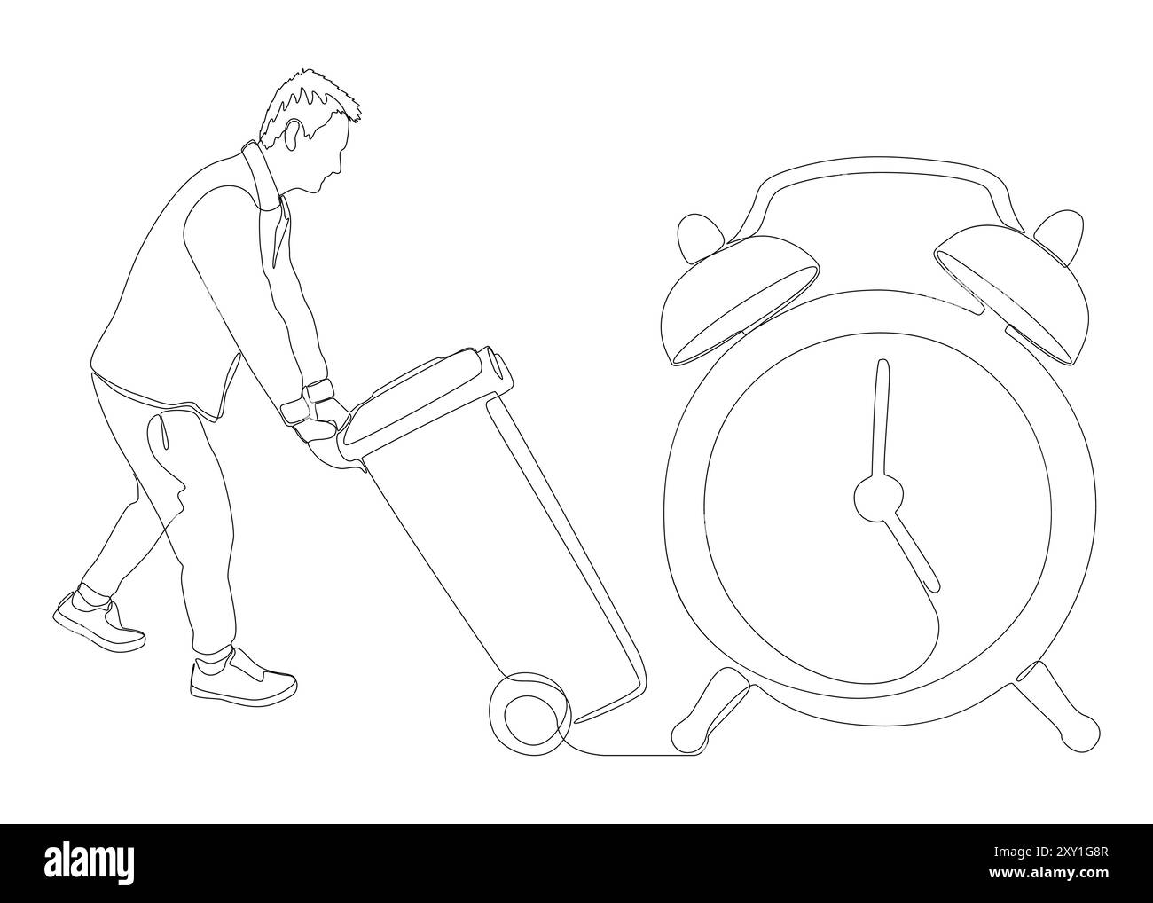 One Continuous Line Of Alarm Clock And Man With Garbage Bin Thin Line Illustration Vector