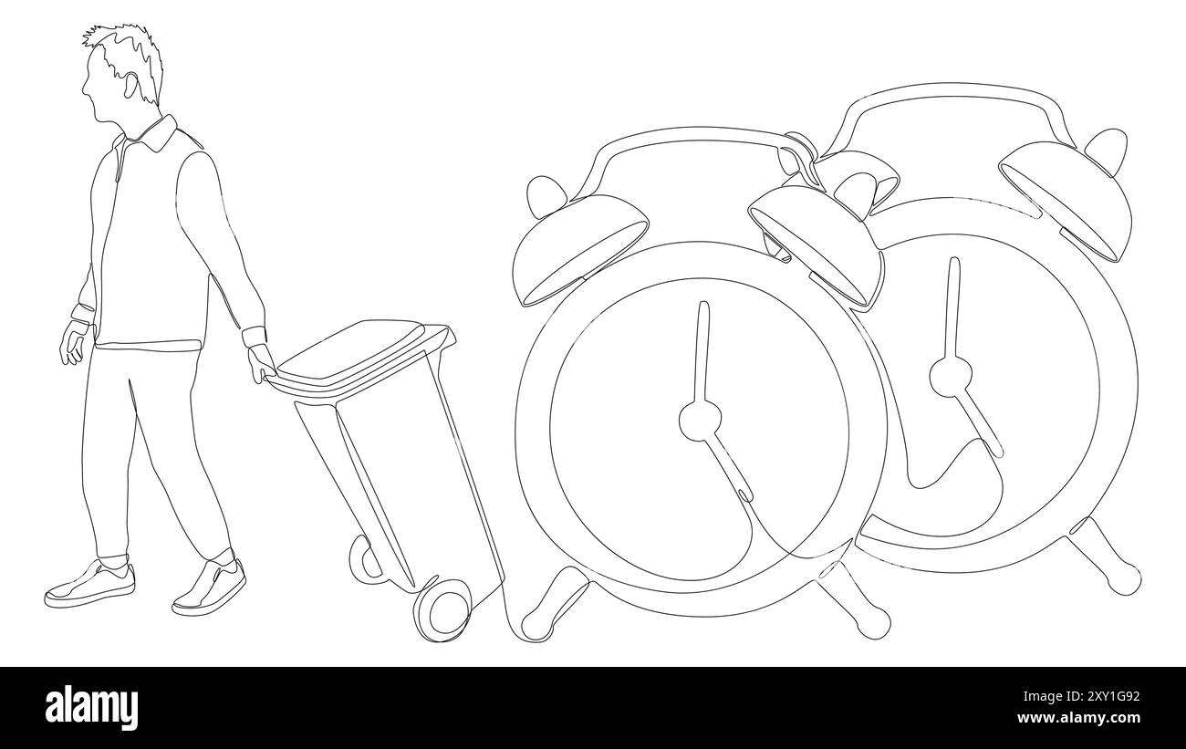 One Continuous Line Of Alarm Clock And Man With Garbage Bin Thin Line Illustration Vector