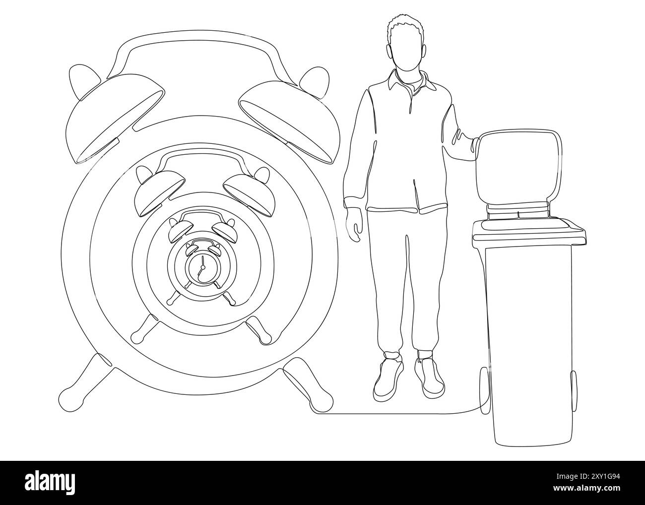 One Continuous Line Of Alarm Clock And Man With Garbage Bin Thin Line Illustration Vector
