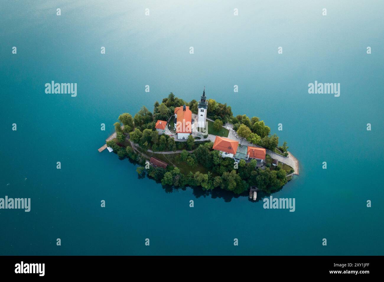 Aerial view of Church of the Mother of God on the island of Lake Bled ...