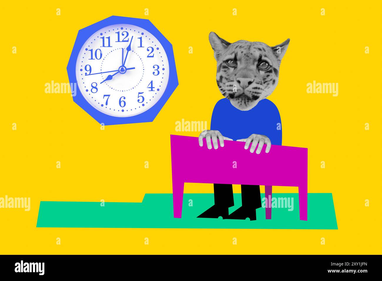 Composite photo collage of human instead head leopard mask wait alarm ...