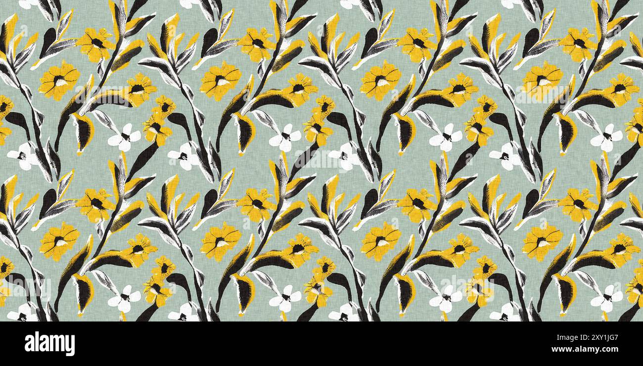 Modern printed fabric flower block print pattern with linen texture ...