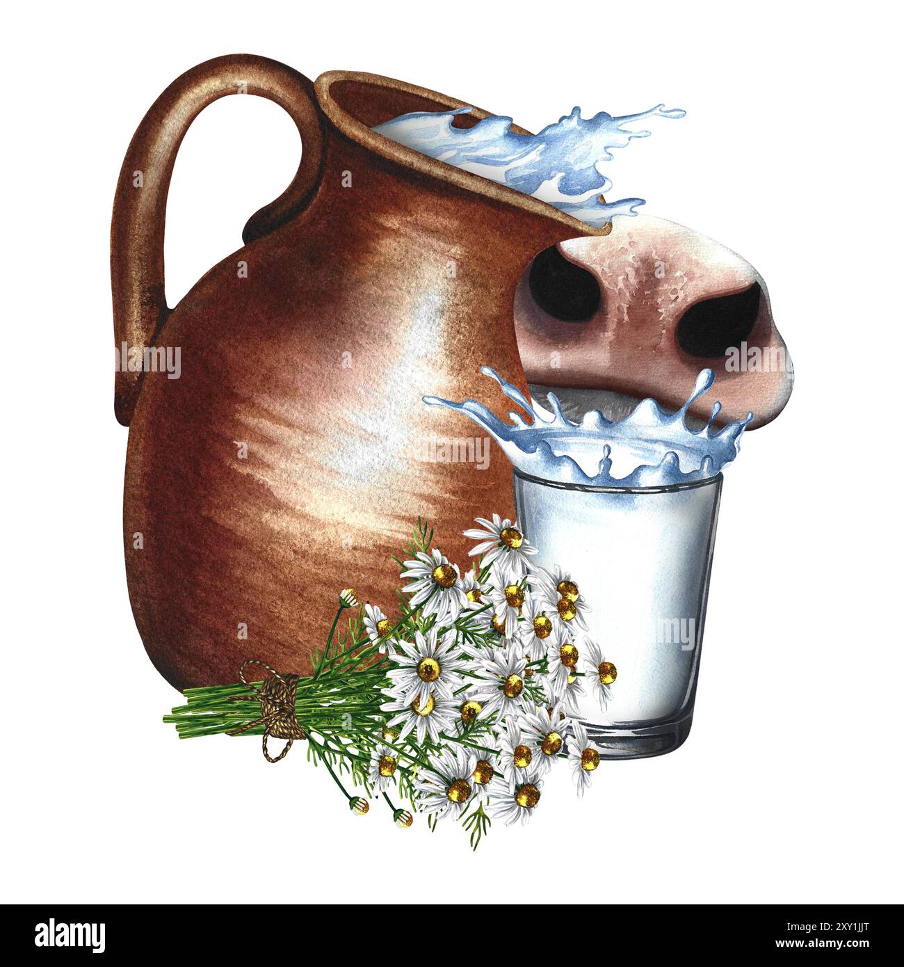 An earthenware jug, a glass of milk and a bouquet of daisies ...