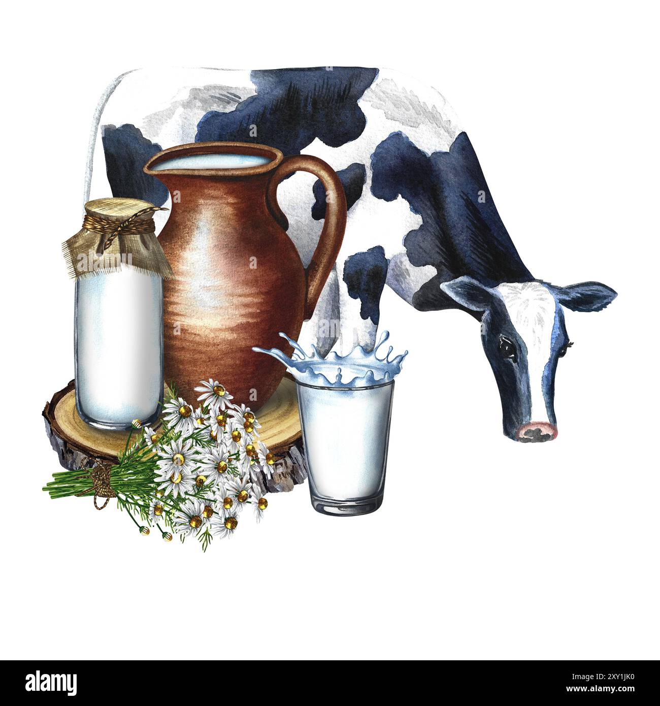 Cow and dairy products. A hand-drawn watercolor illustration. Natural ...