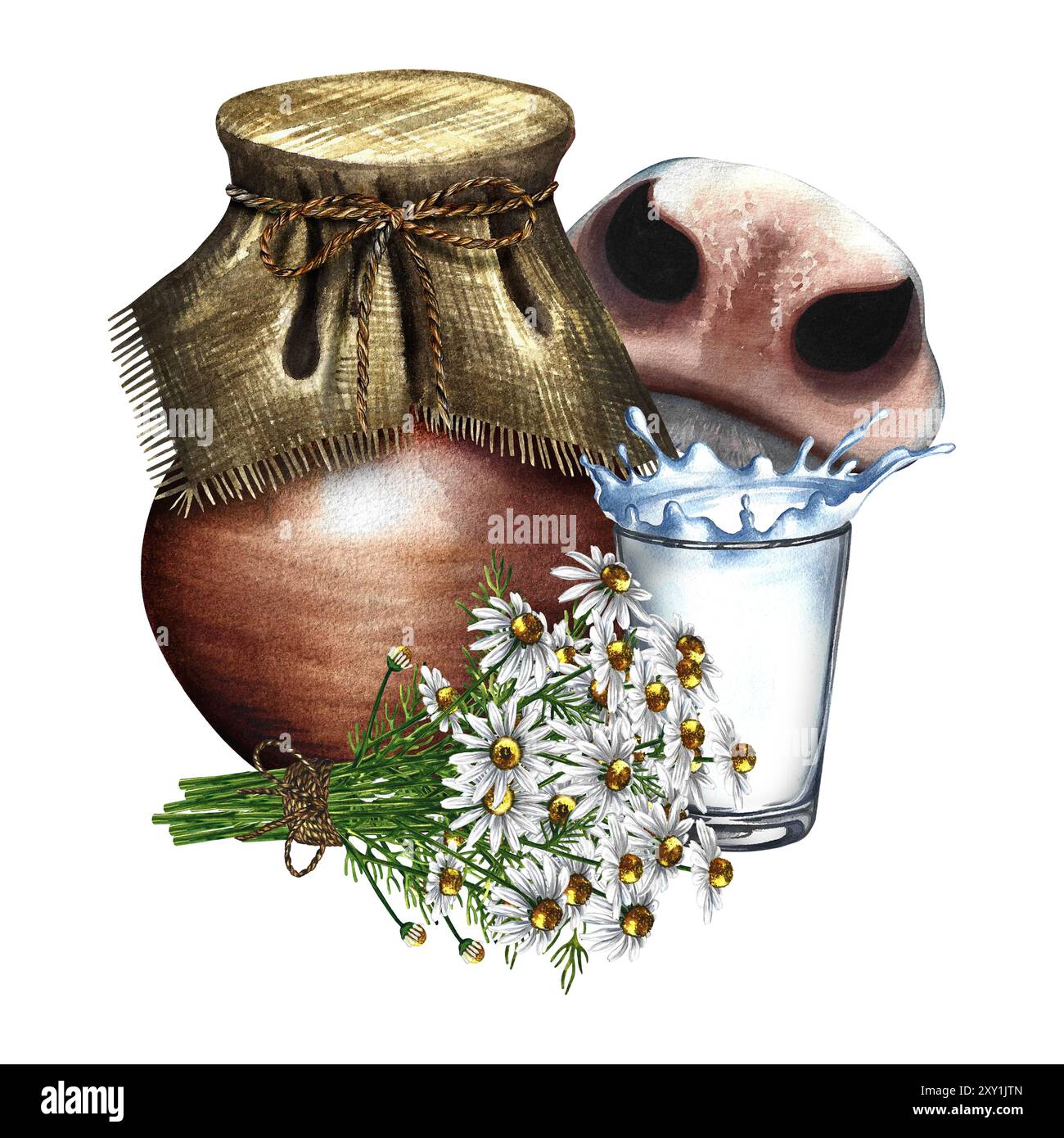 An earthenware jug, a glass of milk and a bouquet of daisies ...