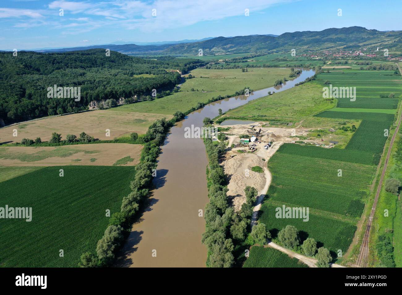 Aerial view of river sand and gravel exploitation, pit, quarry, ballast ...