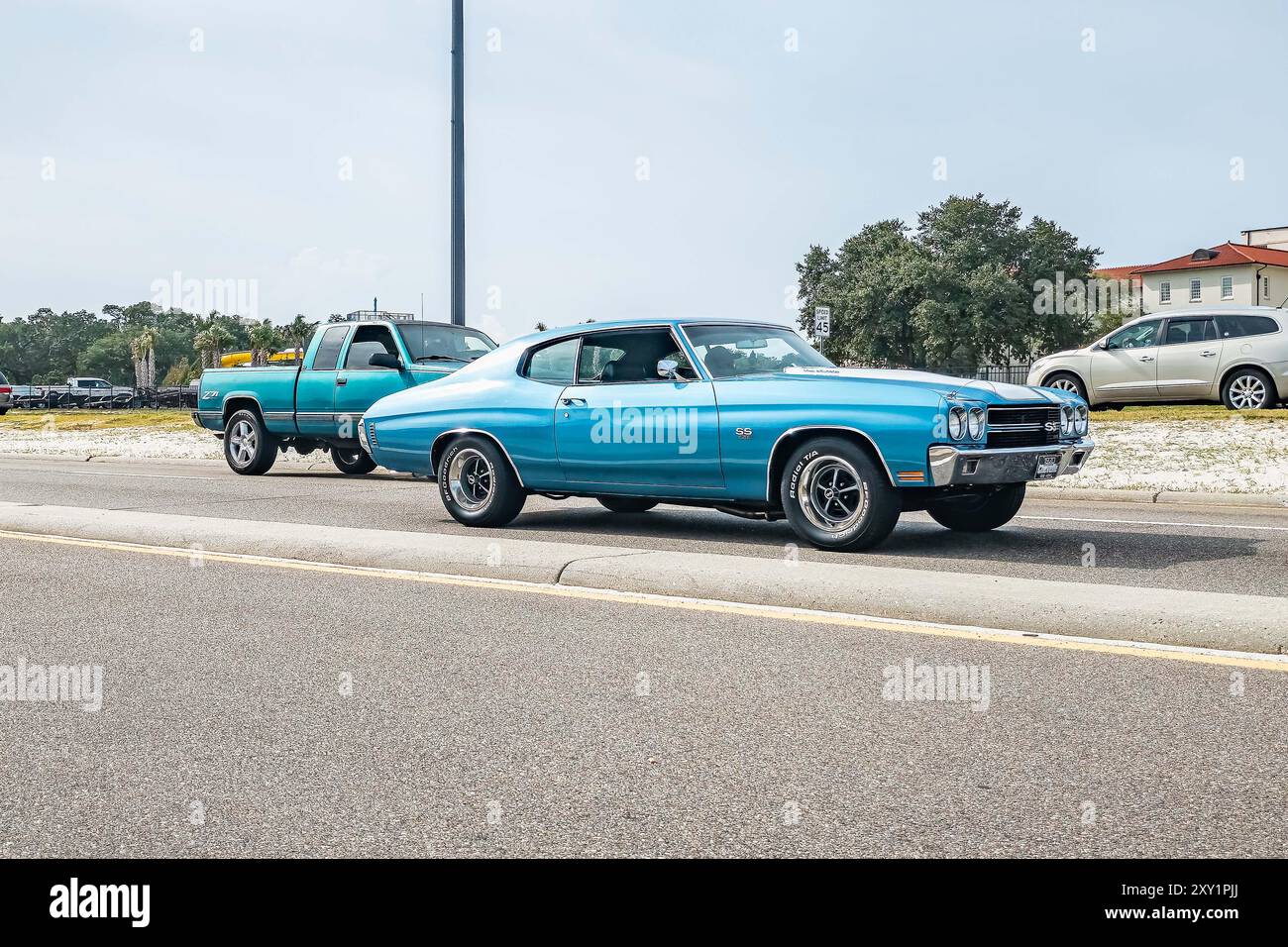 Gulfport, MS - October 05, 2023: Wide angle front corner view of a 1970 ...