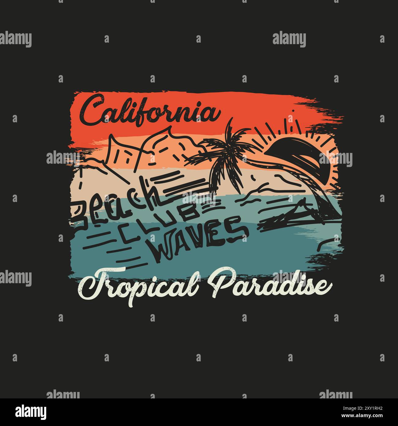 Retro California beach tropical paradise typography vintage colourful ...