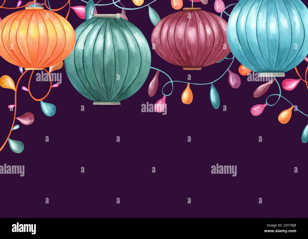 Paper lanterns with multicolored lamp garland watercolor illustration ...