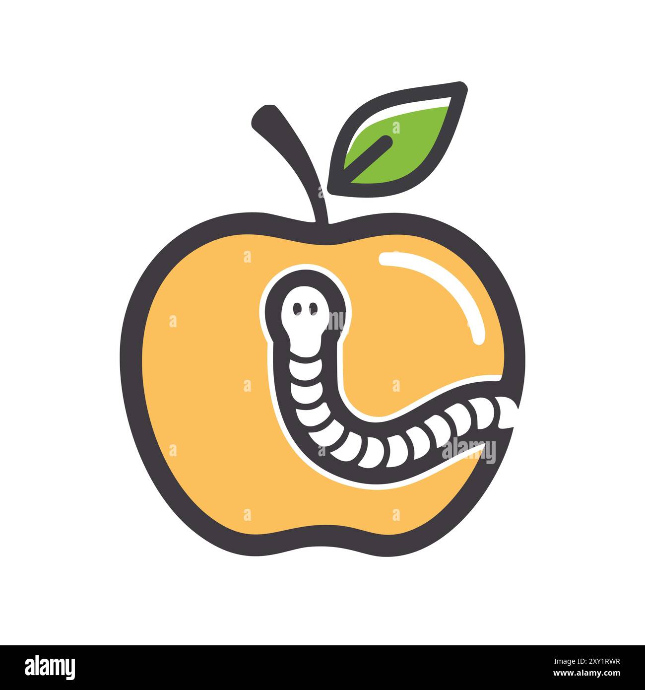 Worm in an apple. A cartoon illustration of a worm in an apple. The ...