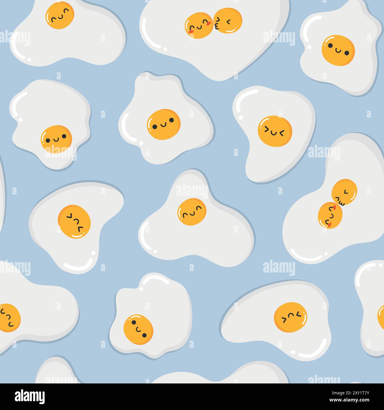 Cute cartoon fried eggs characters seamless pattern. Funny smiling yolks. Breakfast concept ...
