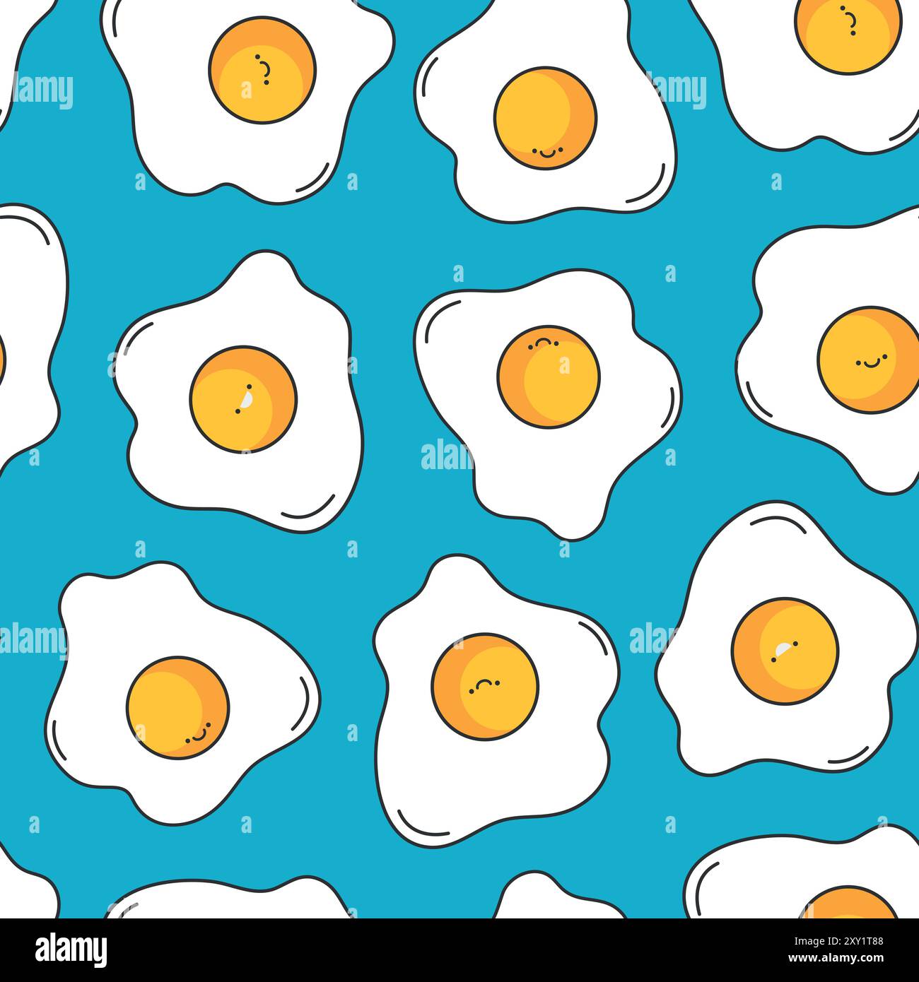 Cute fried eggs seamless pattern. Funny smiling cartoon eggs. Breakfast ...