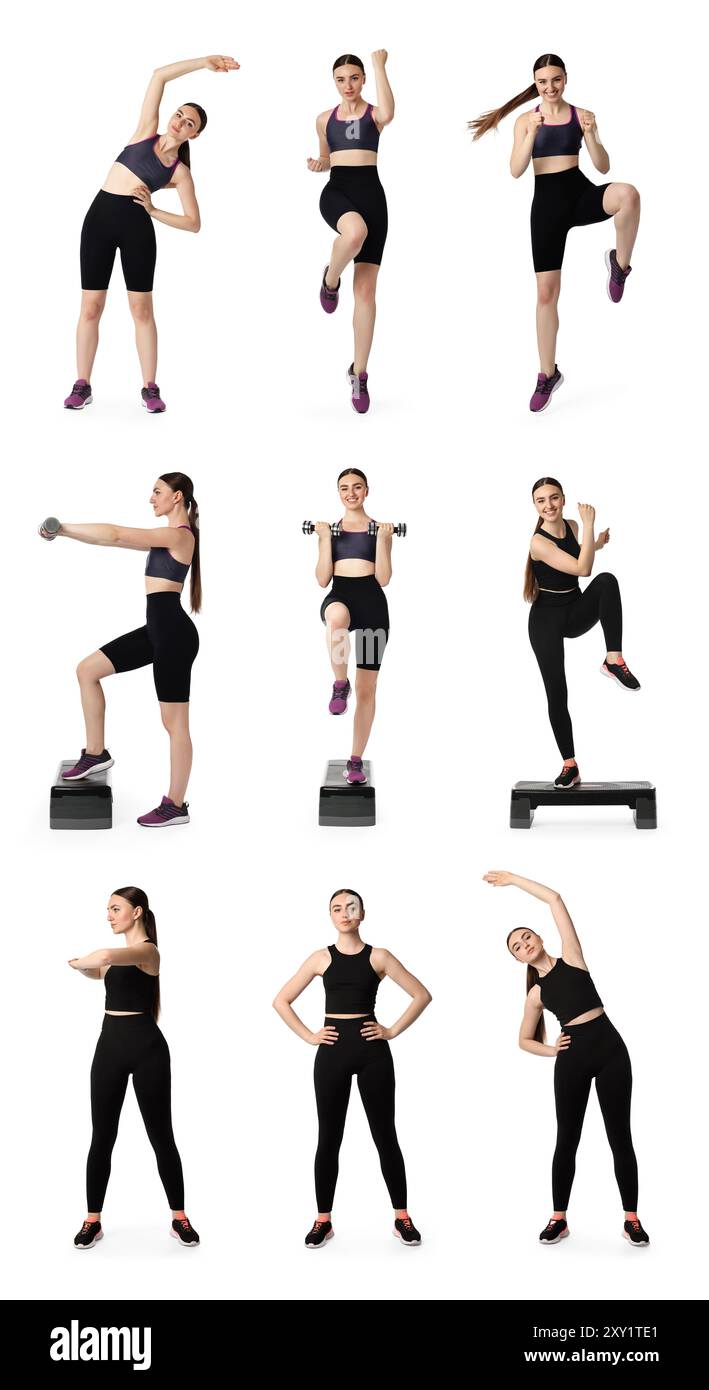 Young woman doing aerobic exercises on white background, collage Stock ...