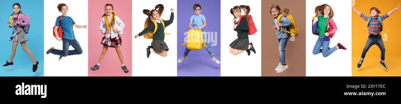 Children with backpacks jumping on different colors backgrounds. Back ...