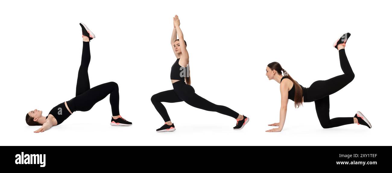 Aerobics. Young woman doing exercises on white background, collage ...