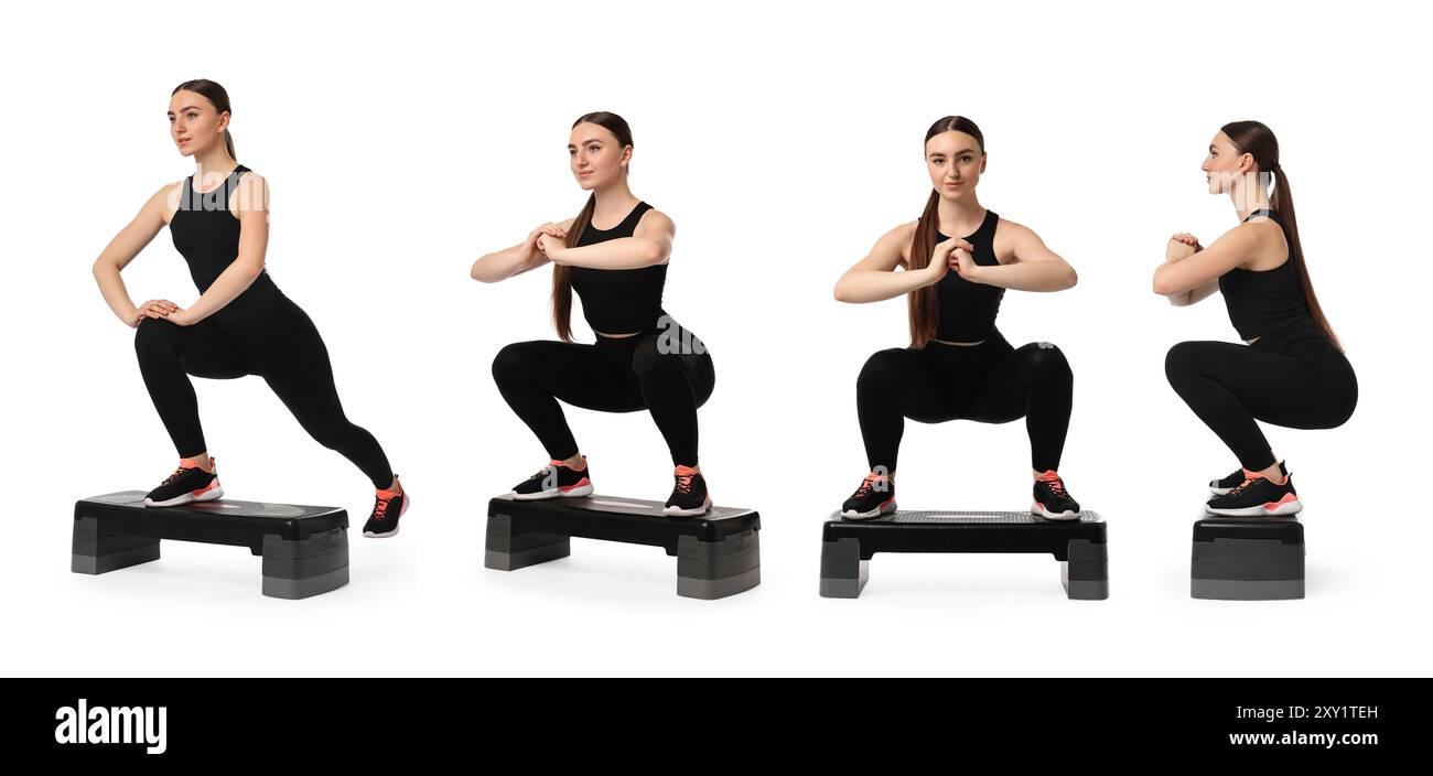 Collage of young woman doing aerobic exercises with step platform on ...
