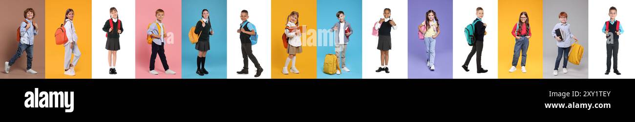 Children with backpacks on different colors backgrounds. Back to school ...