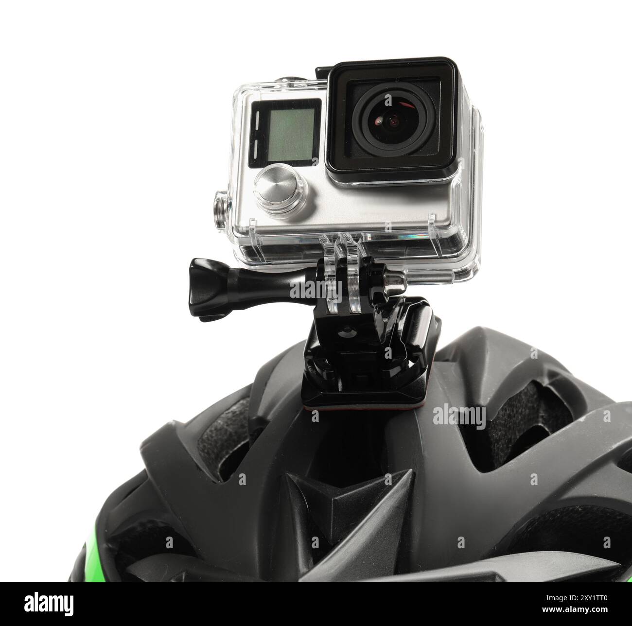 Modern action camera on helmet against white background Stock Photo - Alamy