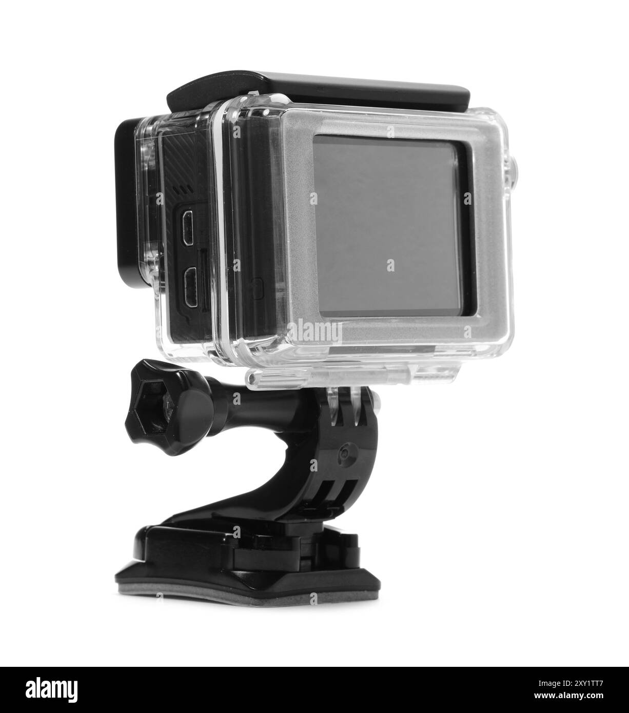 Modern action camera and mount isolated on white Stock Photo - Alamy