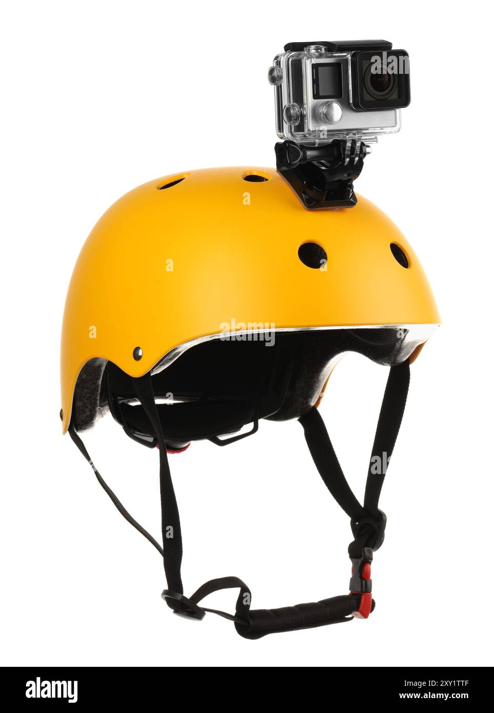 Modern action camera on helmet against white background Stock Photo - Alamy