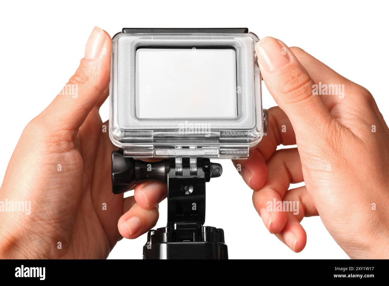 Woman with modern action camera on white background Stock Photo - Alamy