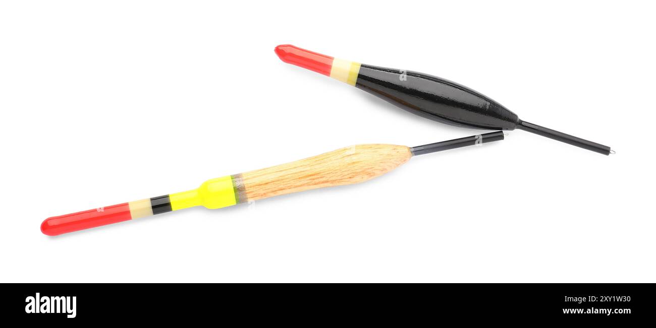 Fishing floats isolated on white, top view. Angling equipment Stock ...