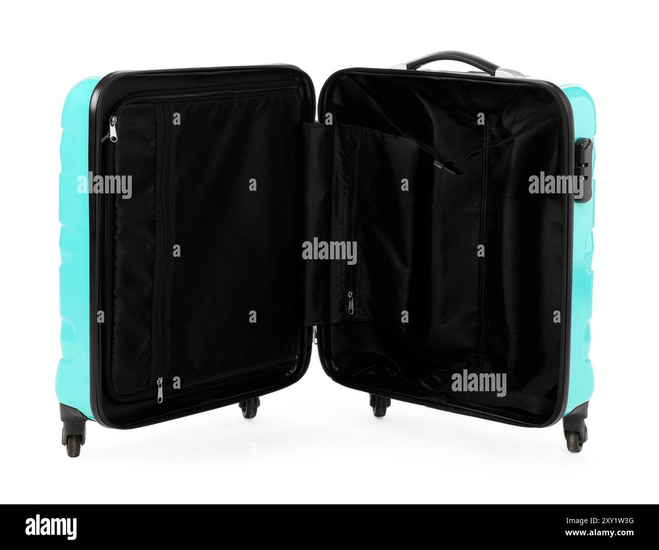 One open light blue suitcase isolated on white Stock Photo - Alamy