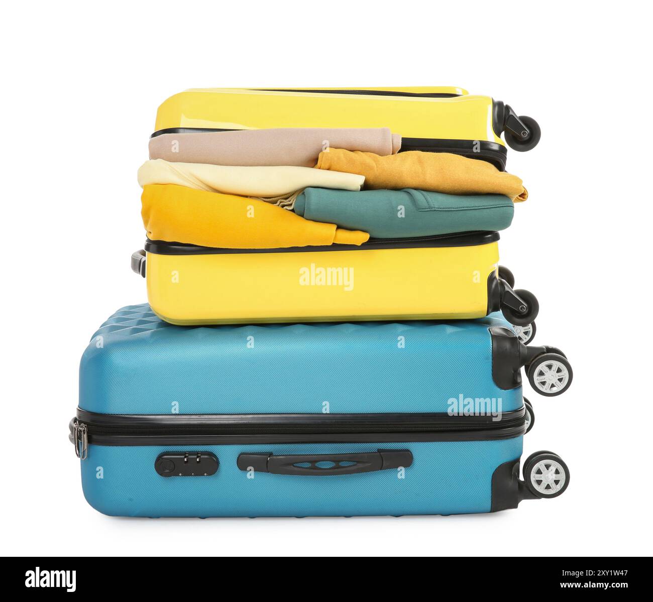 Two suitcases with clothes isolated on white Stock Photo - Alamy