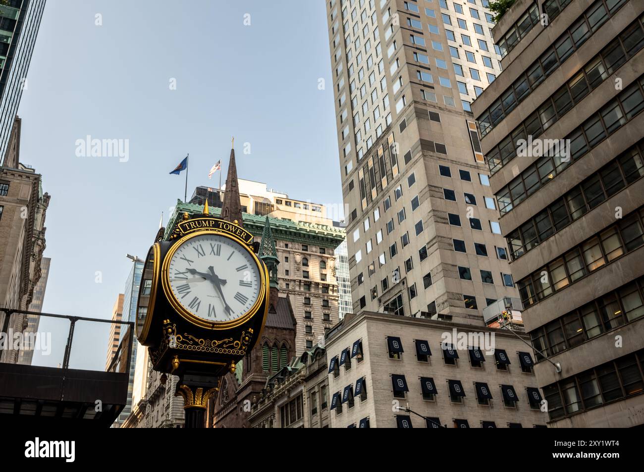 New York, NY, USA. August 14, 2024. Iconic detail of the clock at the entrance of Trump Tower ...