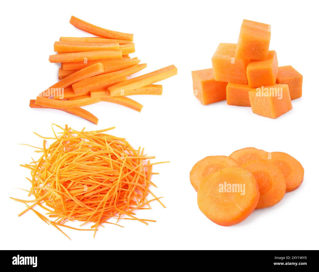Fresh carrots isolated on white, collage. Different types of cuts Stock ...