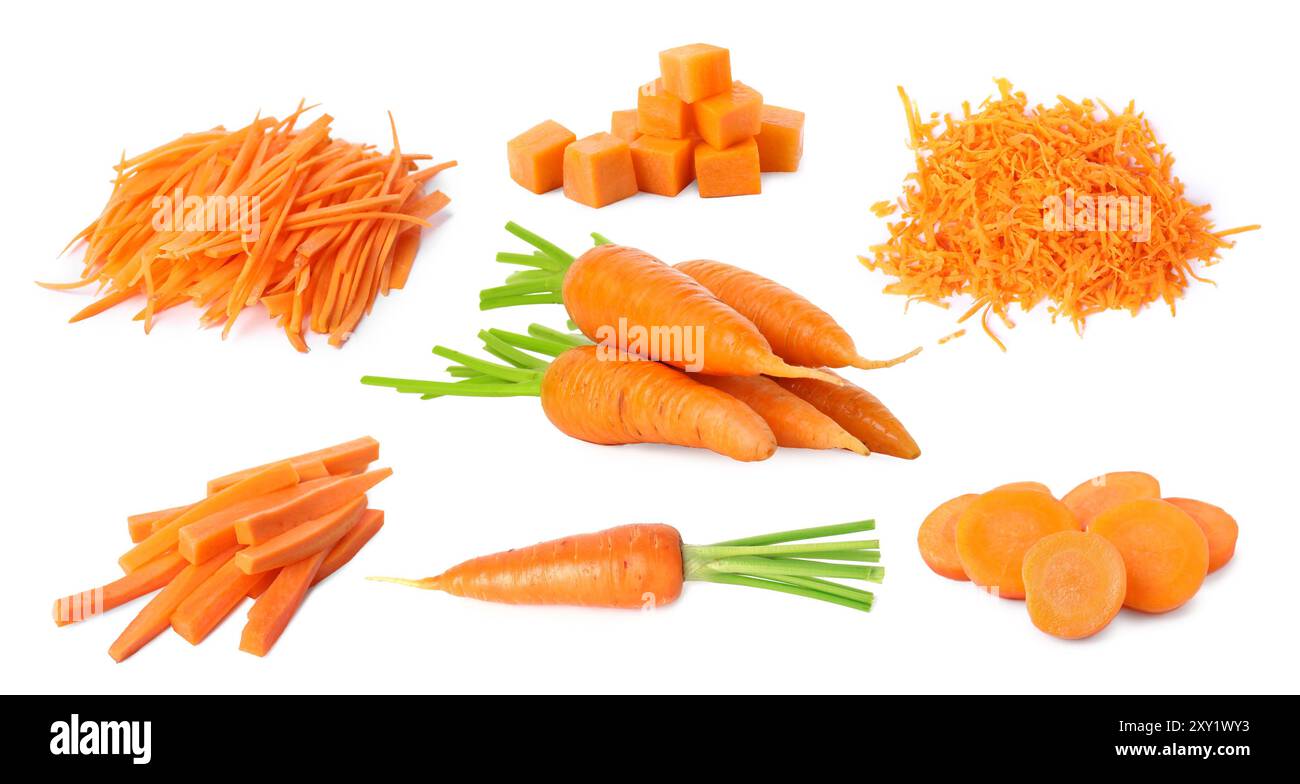 Fresh carrots isolated on white, collage. Different types of cuts Stock ...