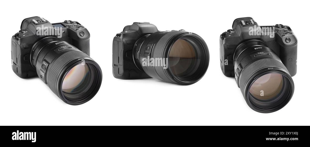 Modern camera on white background, collage. Photographer's equipment ...