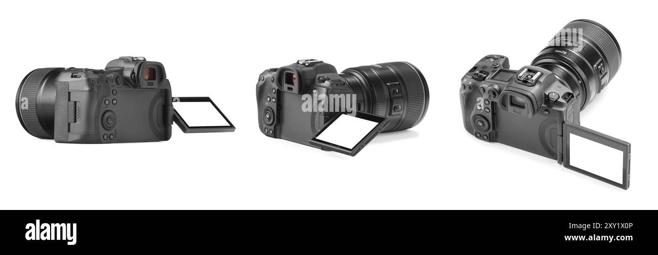 Modern camera with lens on white background, collage. Photographer's ...