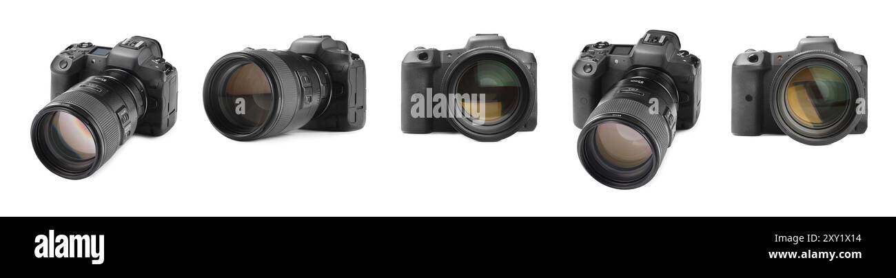 Modern camera on white background, collage. Photographer's equipment ...