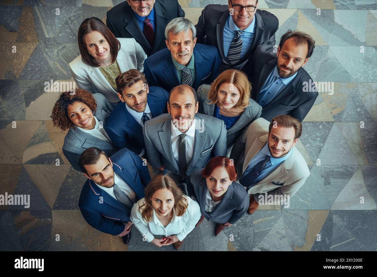 Top view high angle shot from above group of people are smiling and ...