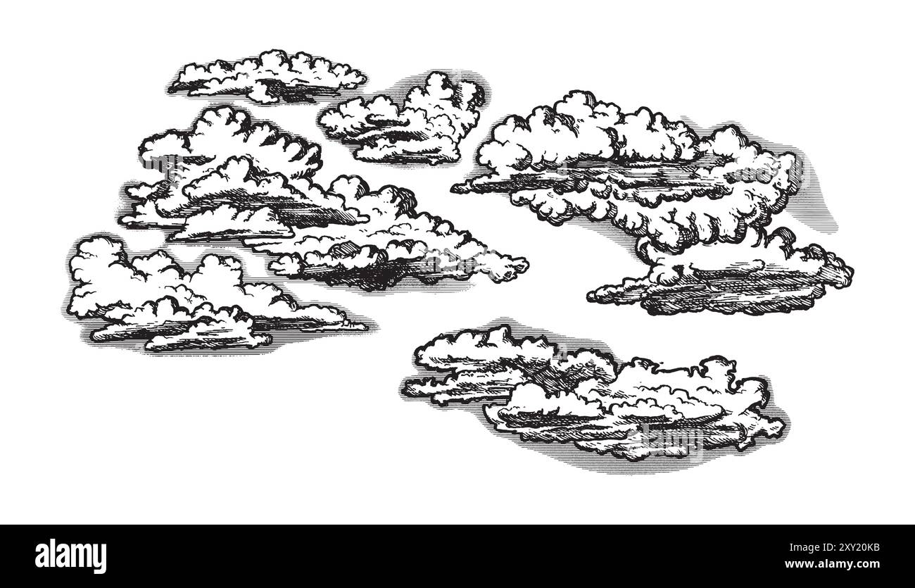 Clouds in hand drawn vintage retro style isolated on white background ...
