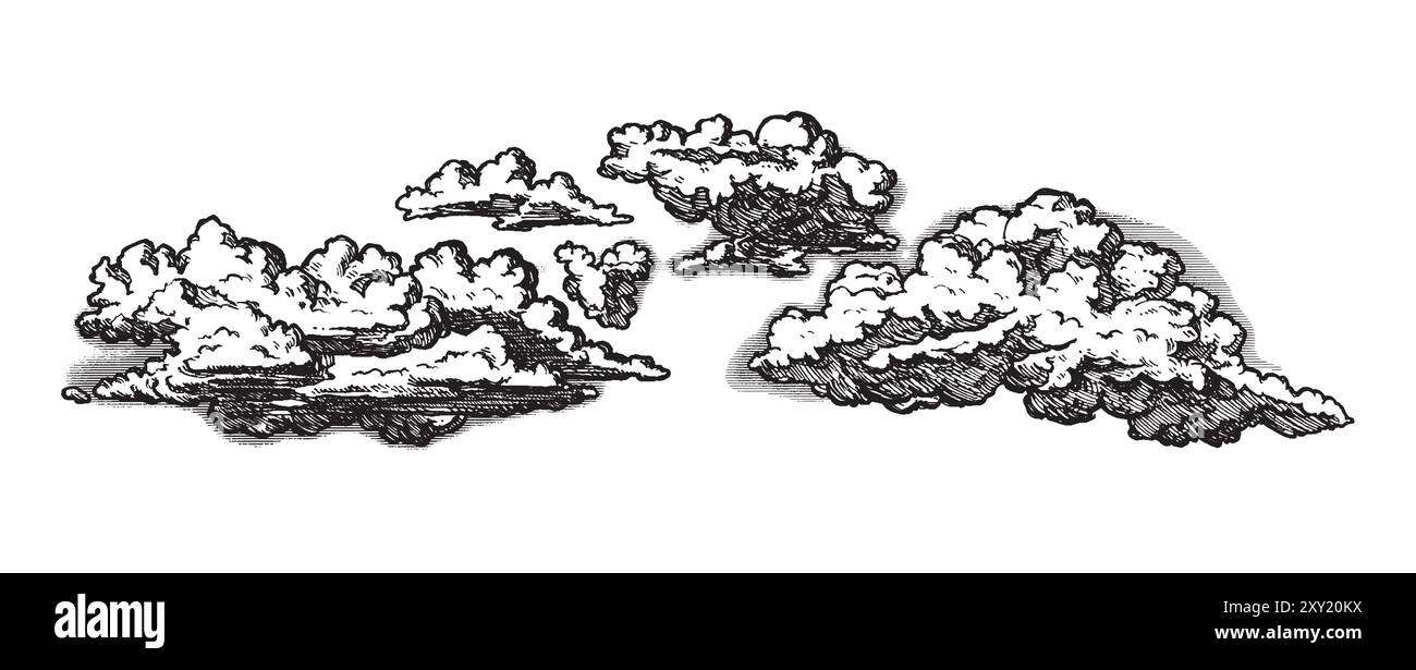 Clouds in hand drawn vintage retro style isolated on white background ...