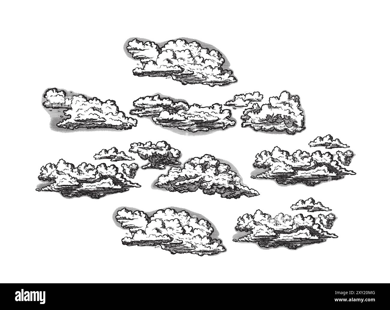 Clouds in hand drawn vintage retro style isolated on white background ...