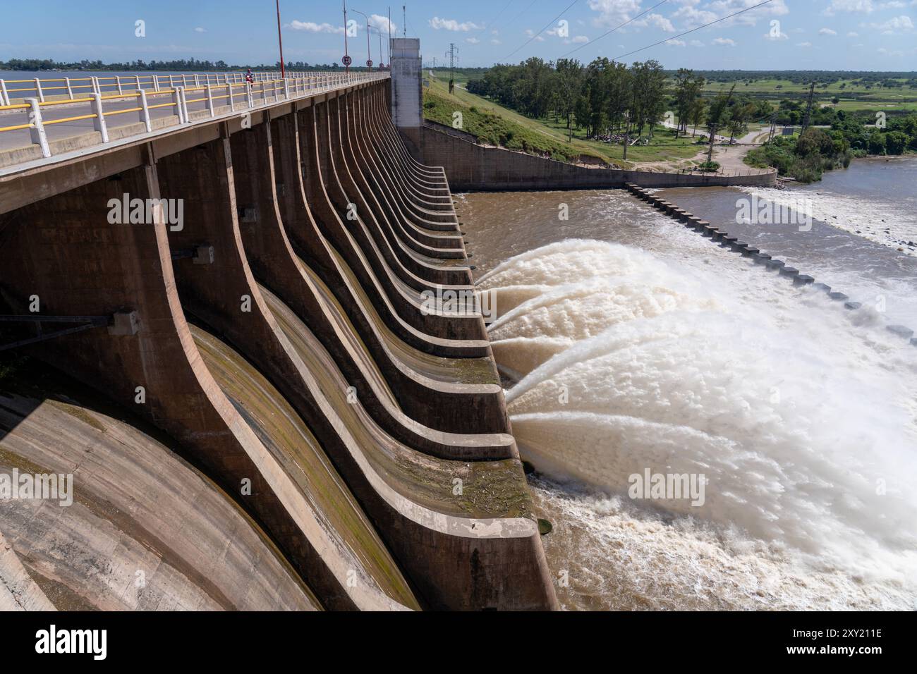 Plumes of water jet from the spillway of the Rio Hondo Dam at Termas de ...
