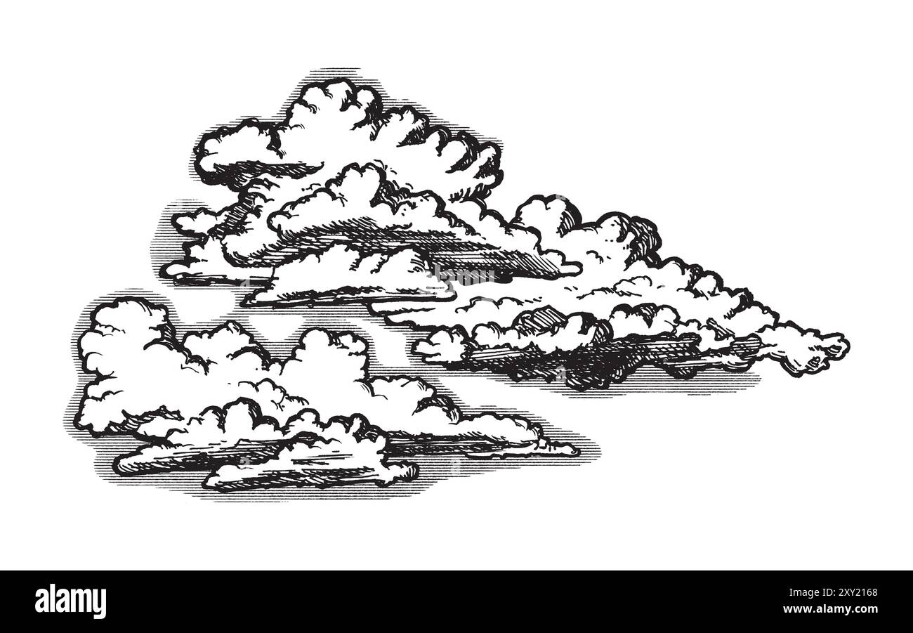Clouds in hand drawn vintage retro style isolated on white background ...