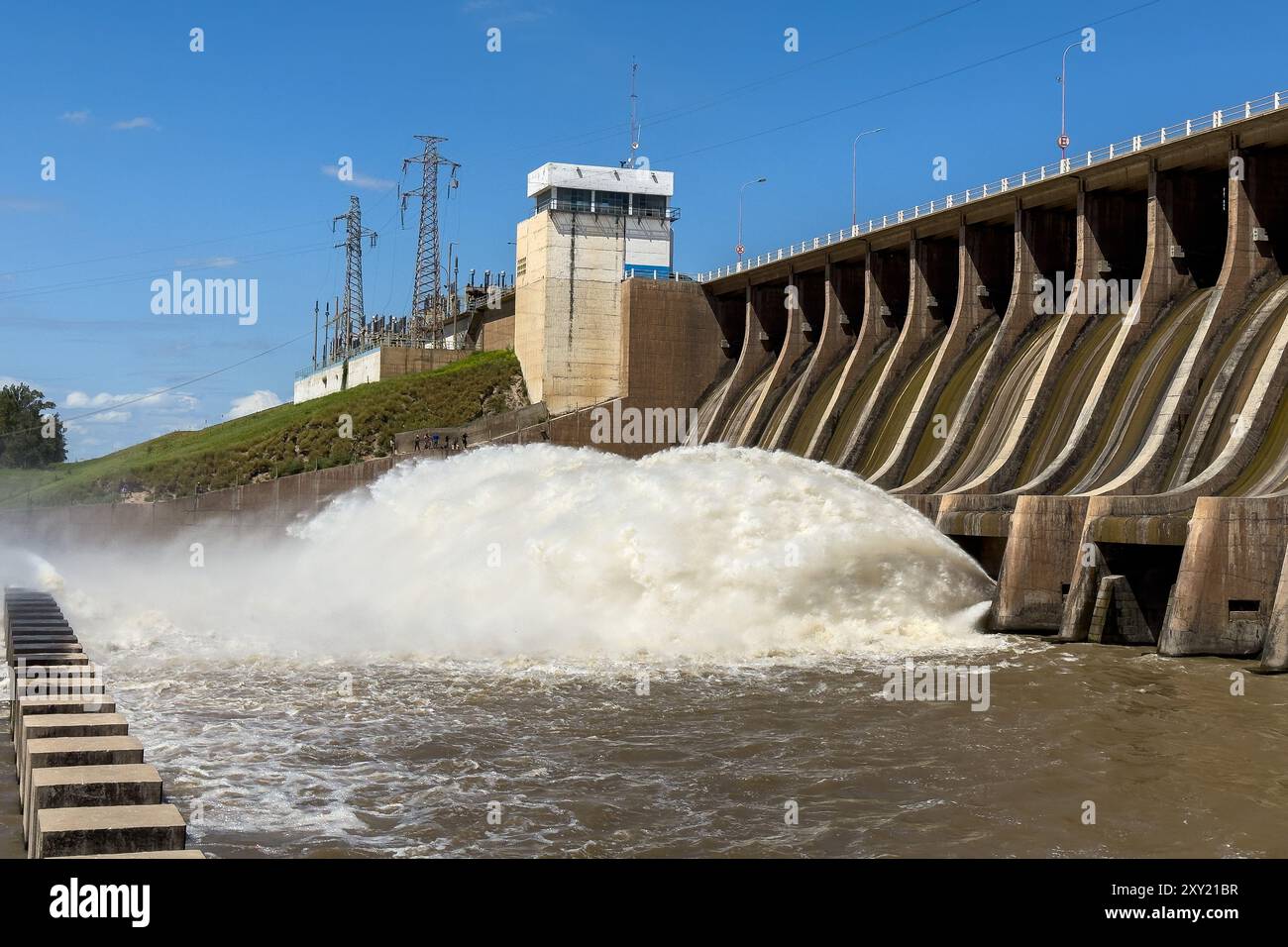 Plumes of water jet from the spillway of the Rio Hondo Dam at Termas de ...