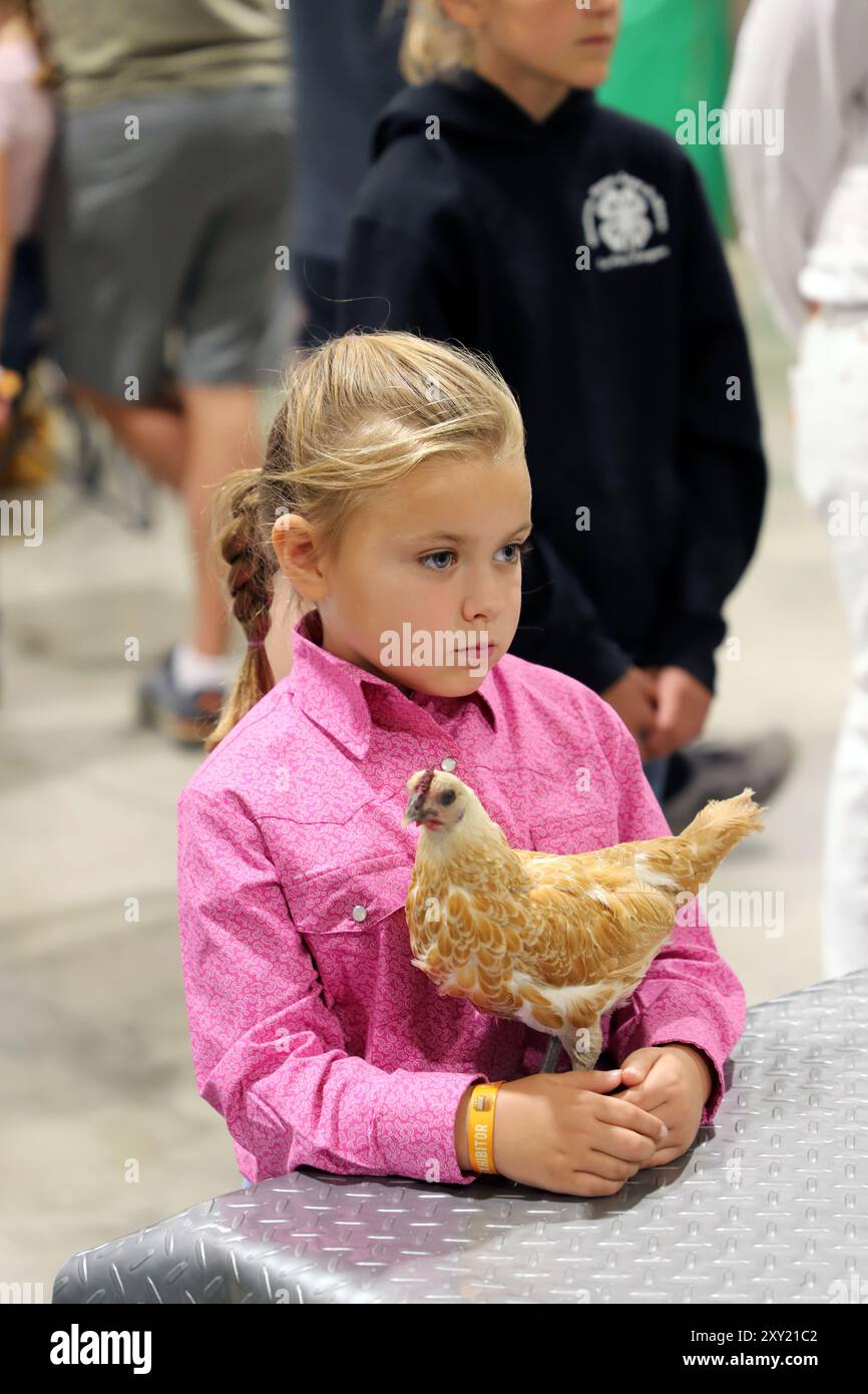 A young girl, a member of a 4-H poultry club, shows off her chicken at ...