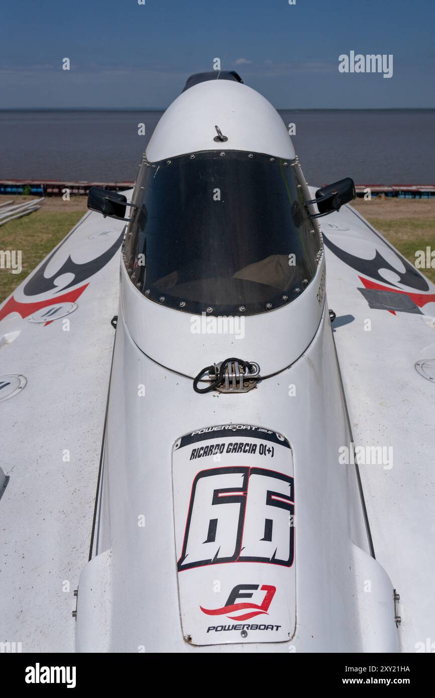 Frontal view of a racing boat on land before an F1 Powerboat race in ...