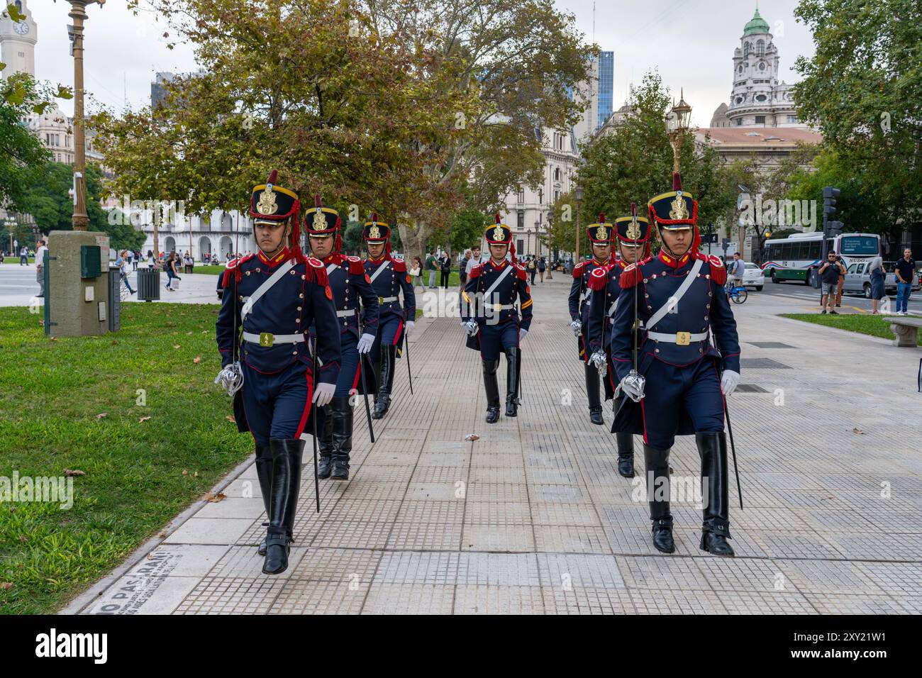 The military honor guard marching from the tomb of San Martin in the ...