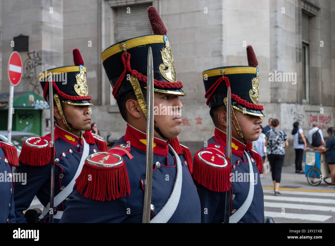 The military honor guard marching from the tomb of San Martin in the ...