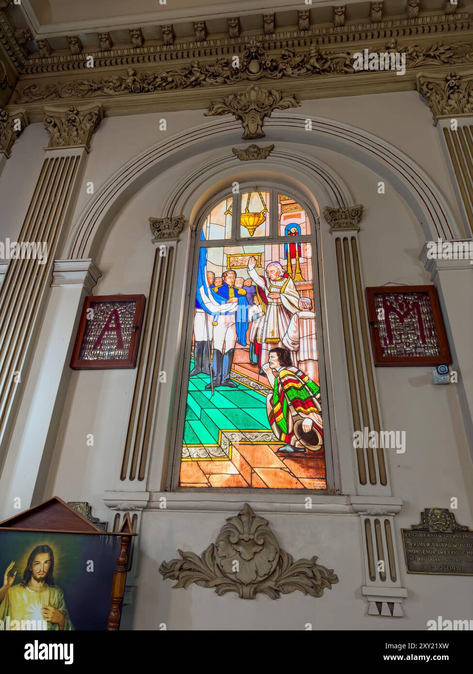 Stained glass of Father Giotti blessing the Argentine flag of Manuel ...
