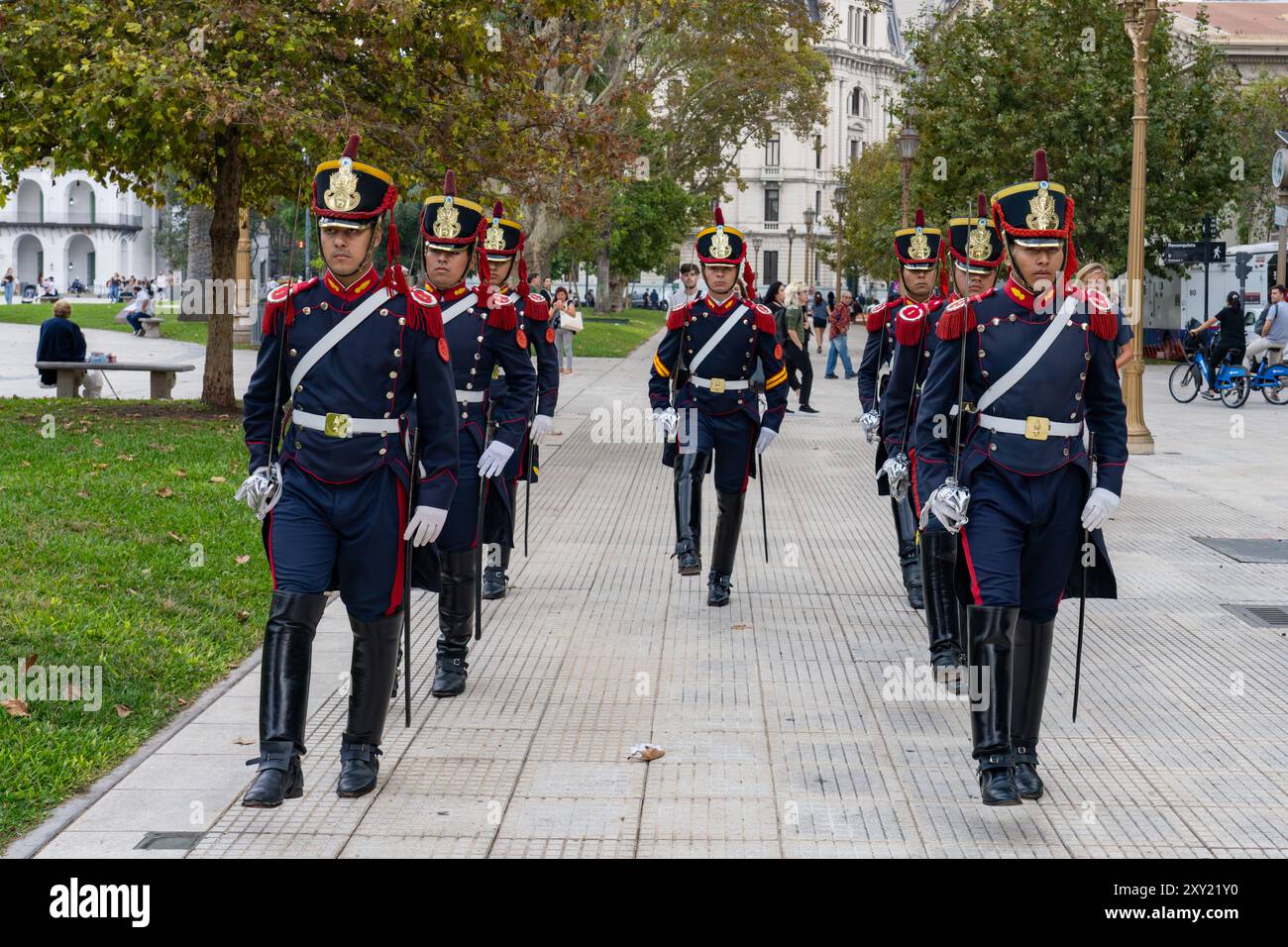 The military honor guard marching from the tomb of San Martin in the ...