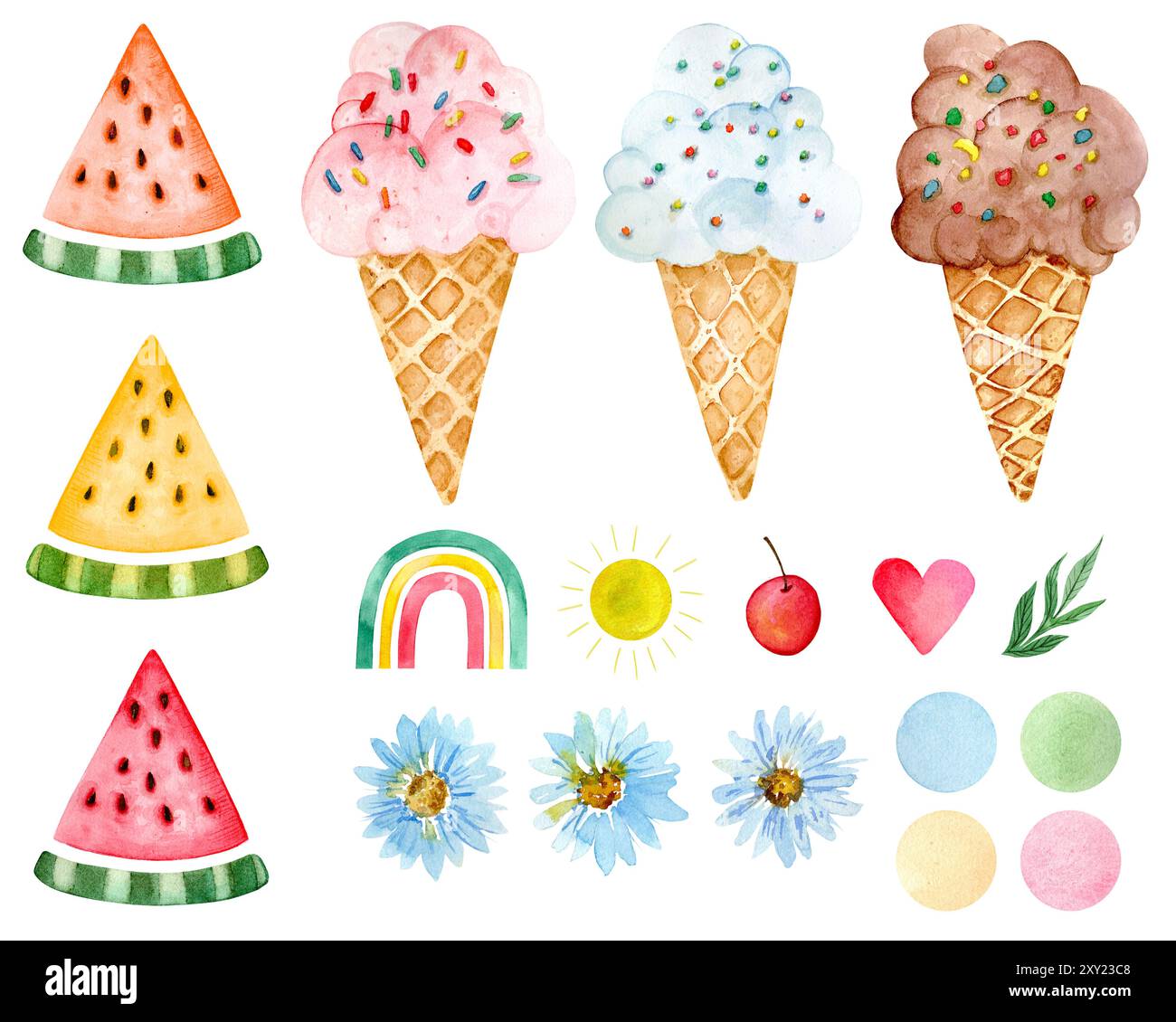 Summer stuff set. Isolated watercolor summer elements on white ...