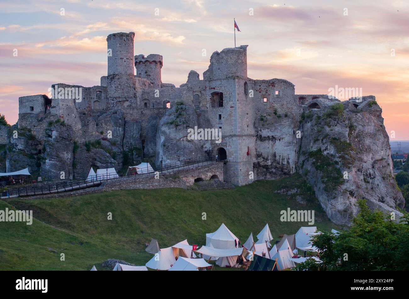 Slavic and Viking village at Ogrodzieniec Castle. Evening, after sunset ...