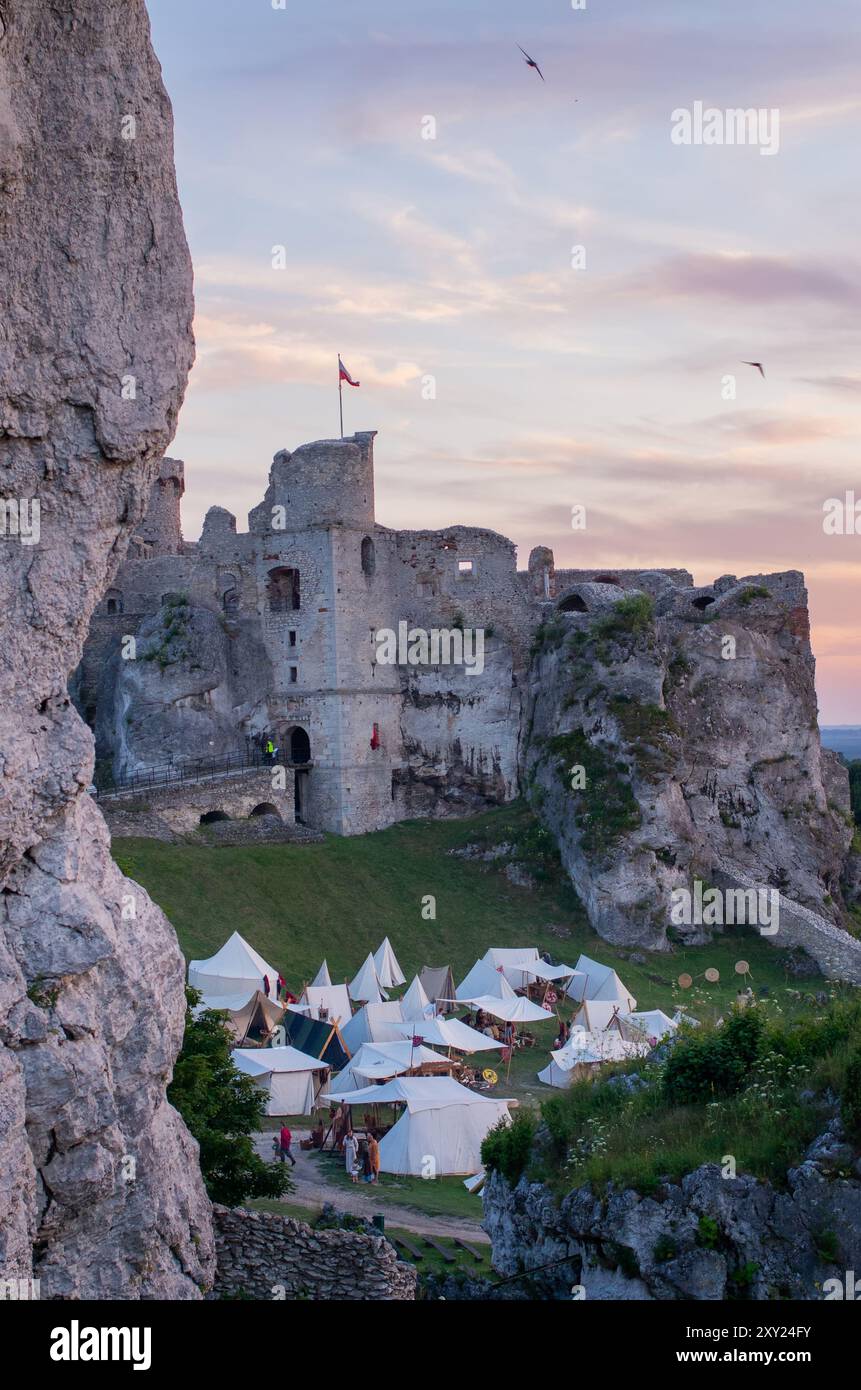Slavic and Viking village at Ogrodzieniec Castle. Evening, after sunset ...